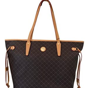 Rioni Signature Brown Designer Canvas Italian Leather Trimmed Tote Shoulder Bag