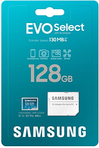 SAMSUNG EVO Select Micro SD-Memory-Card + Adapter, 128GB microSDXC 130MB/s Full HD & 4K UHD, UHS-I, U3, A2, V30, Expanded Storage for Android Smartphones, Tablets, Nintendo-Switch (MB-ME128KA/AM)