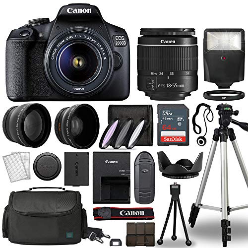 Canon Cameras EOS 2000D / Rebel T7 Digital SLR Camera Body w/Canon EF-S 18-55mm f/3.5-5.6 Lens 3 Lens DSLR Kit Bundled with Complete Accessory Bundle+ 64GB+ Flash+ More - International Model (Renewed)