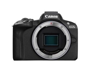 canon eos r50 mirrorless vlogging camera (body only/black), rf mount, 24.2 mp, 4k video, digic x image processor, subject detection & tracking, compact, smartphone connection, content creator