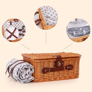 Wicker Picnic Basket for 2 Persons with Waterproof Picnic Blanket,Picnic Set for Family with Insulated Cooler Compartment Utensils,Wedding Engagement Gifts for Couples(Brown)