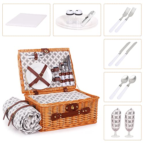 Wicker Picnic Basket for 2 Persons with Waterproof Picnic Blanket,Picnic Set for Family with Insulated Cooler Compartment Utensils,Wedding Engagement Gifts for Couples(Brown)