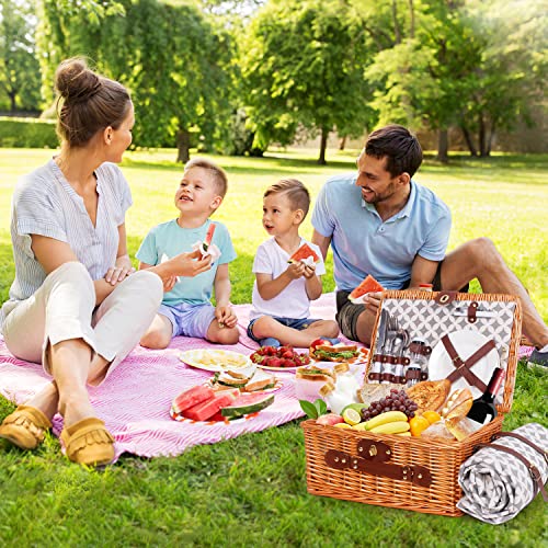 Wicker Picnic Basket for 2 Persons with Waterproof Picnic Blanket,Picnic Set for Family with Insulated Cooler Compartment Utensils,Wedding Engagement Gifts for Couples(Brown)