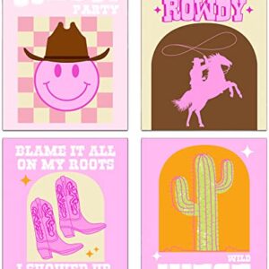 Pink Western Cowgirl Theme Wall Art Aesthetic Poster Preppy Room Decor, Retro Cowgirl Canvas Print, Glamour Cowgirl Wall Art for Girls Room College Dorm Room Decoration, Set of 4-(8"x10" Unframed)