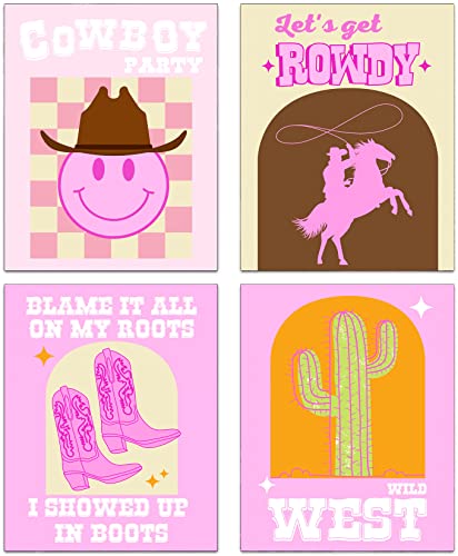 Pink Western Cowgirl Theme Wall Art Aesthetic Poster Preppy Room Decor, Retro Cowgirl Canvas Print, Glamour Cowgirl Wall Art for Girls Room College Dorm Room Decoration, Set of 4-(8"x10" Unframed)