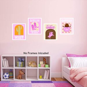 Pink Western Cowgirl Theme Wall Art Aesthetic Poster Preppy Room Decor, Retro Cowgirl Canvas Print, Glamour Cowgirl Wall Art for Girls Room College Dorm Room Decoration, Set of 4-(8"x10" Unframed)