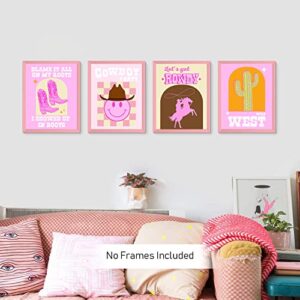 Pink Western Cowgirl Theme Wall Art Aesthetic Poster Preppy Room Decor, Retro Cowgirl Canvas Print, Glamour Cowgirl Wall Art for Girls Room College Dorm Room Decoration, Set of 4-(8"x10" Unframed)