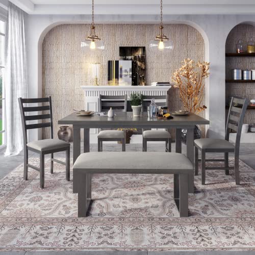 XD Designs 6 Piece Kitchen Dining Table Set with Rectangular Table and Comfortable Cushioned Seat, Farmhouse Rustic Wood Dining Room Set for 4-6 Persons, Dining Set for Family, Gray