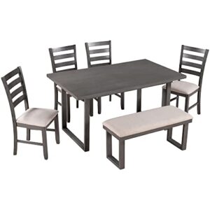 XD Designs 6 Piece Kitchen Dining Table Set with Rectangular Table and Comfortable Cushioned Seat, Farmhouse Rustic Wood Dining Room Set for 4-6 Persons, Dining Set for Family, Gray