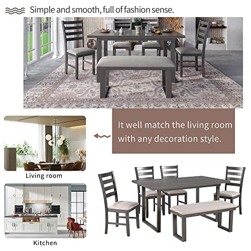 XD Designs 6 Piece Kitchen Dining Table Set with Rectangular Table and Comfortable Cushioned Seat, Farmhouse Rustic Wood Dining Room Set for 4-6 Persons, Dining Set for Family, Gray