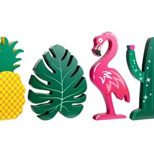 Summer Wooden Signs Hawaii Luau Party Wooden Blocks Summer Home Decorations Tropical Cactus Flamingo Pineapple Monstera Wood Table Centerpiece for Summer Home Table Luau Party, 4 PCS