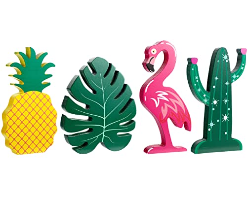 Summer Wooden Signs Hawaii Luau Party Wooden Blocks Summer Home Decorations Tropical Cactus Flamingo Pineapple Monstera Wood Table Centerpiece for Summer Home Table Luau Party, 4 PCS