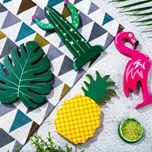 Summer Wooden Signs Hawaii Luau Party Wooden Blocks Summer Home Decorations Tropical Cactus Flamingo Pineapple Monstera Wood Table Centerpiece for Summer Home Table Luau Party, 4 PCS