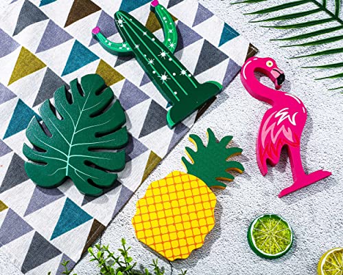 Summer Wooden Signs Hawaii Luau Party Wooden Blocks Summer Home Decorations Tropical Cactus Flamingo Pineapple Monstera Wood Table Centerpiece for Summer Home Table Luau Party, 4 PCS