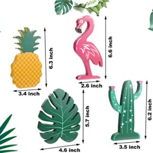 Summer Wooden Signs Hawaii Luau Party Wooden Blocks Summer Home Decorations Tropical Cactus Flamingo Pineapple Monstera Wood Table Centerpiece for Summer Home Table Luau Party, 4 PCS