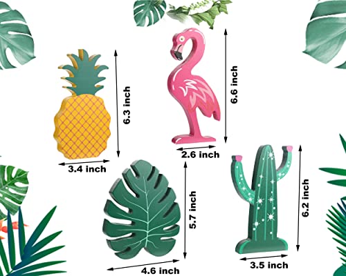 Summer Wooden Signs Hawaii Luau Party Wooden Blocks Summer Home Decorations Tropical Cactus Flamingo Pineapple Monstera Wood Table Centerpiece for Summer Home Table Luau Party, 4 PCS