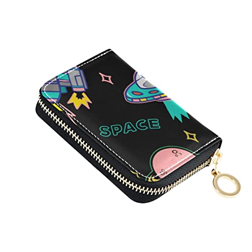 Cartoon colorful UFO aliens spaceship planet and stars on Dark Grey Credit Card Coin wallet, RFID Blocking Compact Women Leather Card Holder, Key Change Organizer, Zipper Purse Clutch Pouch