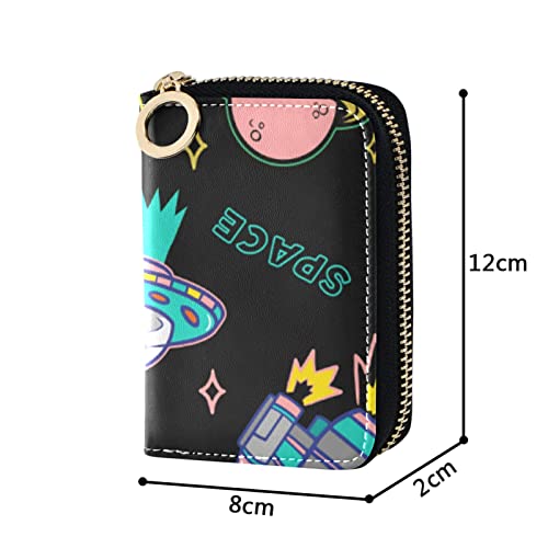 Cartoon colorful UFO aliens spaceship planet and stars on Dark Grey Credit Card Coin wallet, RFID Blocking Compact Women Leather Card Holder, Key Change Organizer, Zipper Purse Clutch Pouch