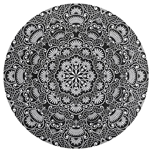 YEAHSPACE Mandala Rug Round 40 in Black White Boho Floral Circle Area Rug Bedroom Living Room Decorate-Black White Mandala Boho Floral