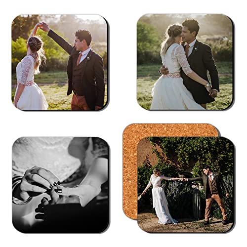 Personalized, Set of 4, Picture, 3.75”x3.75” Gloss White Square Coaster for Drinks with Cork Back Customized, Custom Photo Gifts, Dye