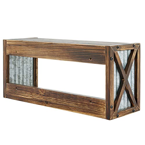 MyGift Solid Burnt Wood Wall Mounted Display Shelves with Corrugated Galvanized Metal and X Design, Floating Shadow Box Cube Shelf