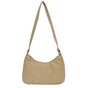 women corduroy shoulder bag small handbag purse casual ladies satchel fashion daily tote bag (khaki)