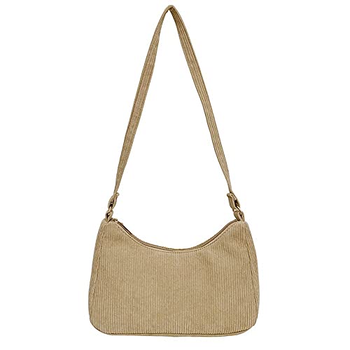 Women Corduroy Shoulder Bag Small Handbag Purse Casual Ladies Satchel Fashion Daily Tote Bag (Khaki)