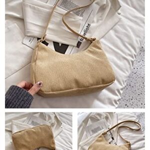 Women Corduroy Shoulder Bag Small Handbag Purse Casual Ladies Satchel Fashion Daily Tote Bag (Khaki)