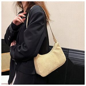 Women Corduroy Shoulder Bag Small Handbag Purse Casual Ladies Satchel Fashion Daily Tote Bag (Khaki)