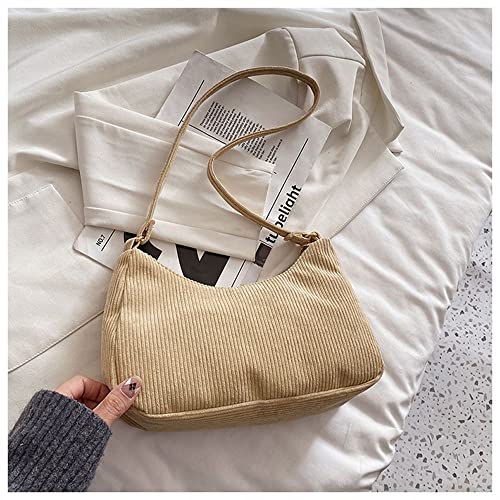 Women Corduroy Shoulder Bag Small Handbag Purse Casual Ladies Satchel Fashion Daily Tote Bag (Khaki)