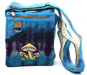 himalaya handmade unique design mushroom embroidery hemp hobo passport crossbody bag festival travel 100% himalaya fair trade made handmade with love., blue