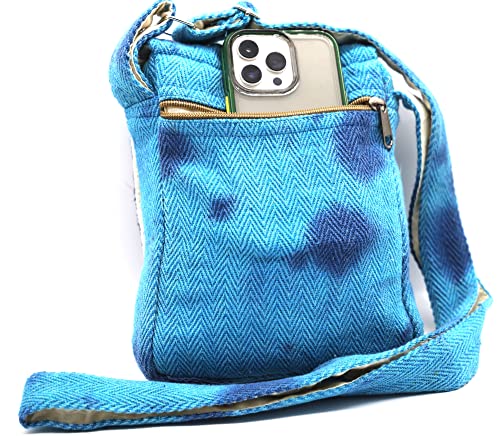 Himalaya Handmade Unique design Mushroom Embroidery Hemp Hobo Passport crossbody bag Festival Travel 100% Himalaya FAIR TRADE MADE Handmade with Love., Blue