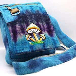 Himalaya Handmade Unique design Mushroom Embroidery Hemp Hobo Passport crossbody bag Festival Travel 100% Himalaya FAIR TRADE MADE Handmade with Love., Blue