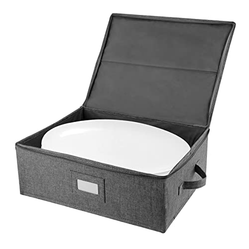 Platter Storage Case, China Storage Containers Hard Shell 17" x 13" x 6", 5 Felt Dividers Included, Structured Top and Stackable (Linen Grey)