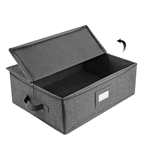 Platter Storage Case, China Storage Containers Hard Shell 17" x 13" x 6", 5 Felt Dividers Included, Structured Top and Stackable (Linen Grey)