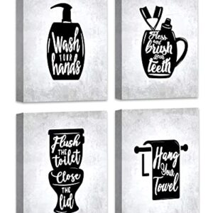 Bathroom Wall Decor | Canvas Wall Art with Wooden Frames | Funny Toilet Signs Quotes Wall Decor | Small Bathroom Pictures for Wall | Set of 4 | 8x10 inch(Framed)