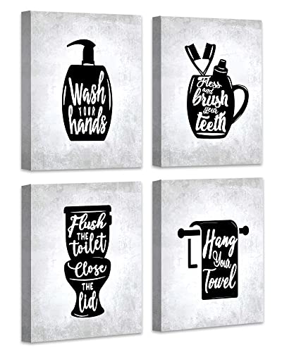 Bathroom Wall Decor | Canvas Wall Art with Wooden Frames | Funny Toilet Signs Quotes Wall Decor | Small Bathroom Pictures for Wall | Set of 4 | 8x10 inch(Framed)