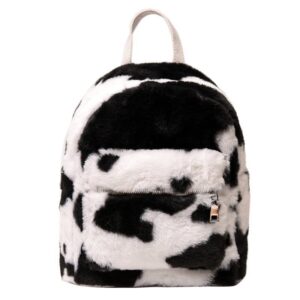 fluffy furry mini backpack cow print plush backpack y2k sherpa shoulder bag with adjustable straps (black-cow,10.2 * 4.7 * 8.7inch)