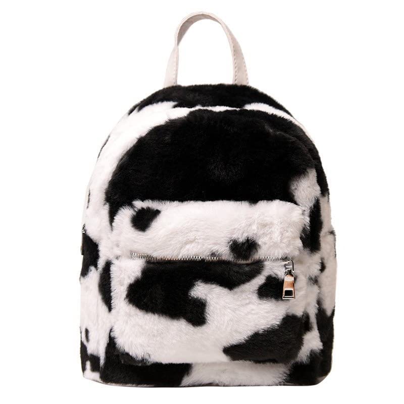 Fluffy Furry Mini Backpack Cow Print Plush Backpack Y2k Sherpa Shoulder Bag with Adjustable Straps (Black-Cow,10.2 * 4.7 * 8.7inch)