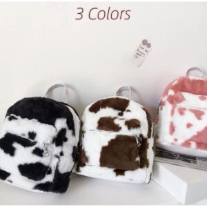 Fluffy Furry Mini Backpack Cow Print Plush Backpack Y2k Sherpa Shoulder Bag with Adjustable Straps (Black-Cow,10.2 * 4.7 * 8.7inch)