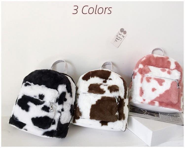 Fluffy Furry Mini Backpack Cow Print Plush Backpack Y2k Sherpa Shoulder Bag with Adjustable Straps (Black-Cow,10.2 * 4.7 * 8.7inch)