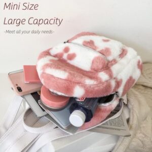 Fluffy Furry Mini Backpack Cow Print Plush Backpack Y2k Sherpa Shoulder Bag with Adjustable Straps (Black-Cow,10.2 * 4.7 * 8.7inch)