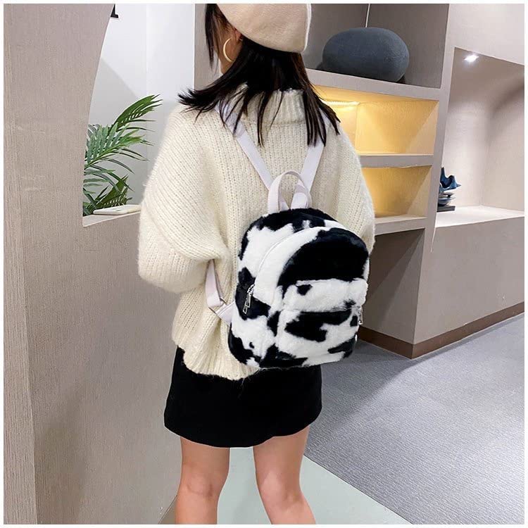 Fluffy Furry Mini Backpack Cow Print Plush Backpack Y2k Sherpa Shoulder Bag with Adjustable Straps (Black-Cow,10.2 * 4.7 * 8.7inch)