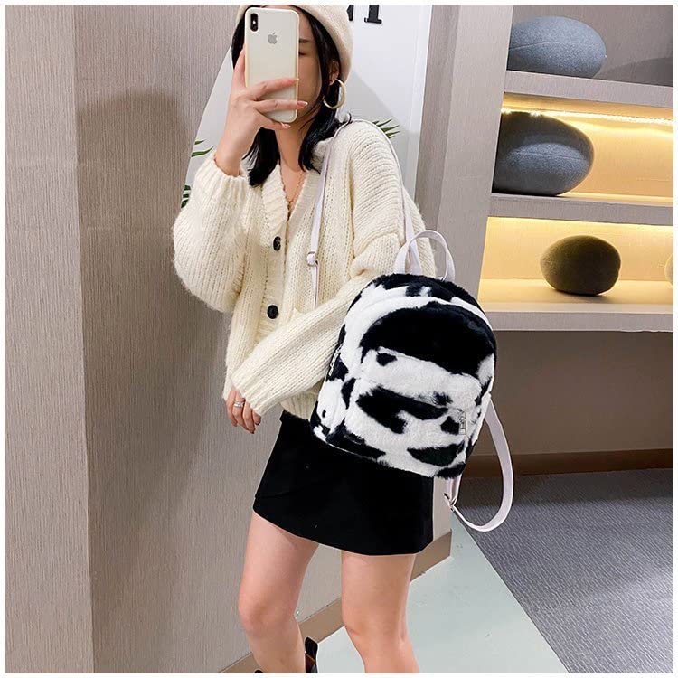 Fluffy Furry Mini Backpack Cow Print Plush Backpack Y2k Sherpa Shoulder Bag with Adjustable Straps (Black-Cow,10.2 * 4.7 * 8.7inch)