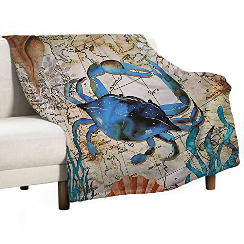 Crab Oversized Plush Blanket, Marine Animals Nautical Blue map of Coastal Life Sailing on The sea, Ultra Soft and Comfortable Micro-Fleece Blanket for Sofa or Bedroom, 50" x 60"