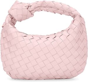 designer handbags for women – pu leather woven fashion shoulder bag for women – elegant cream white handmade womens blush pink