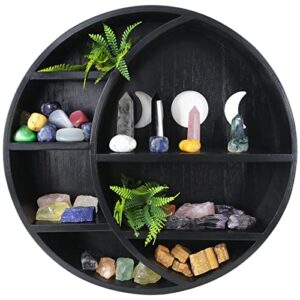 crescent moon shelf wall decor – black, unique, moon shaped floating shelves for crystal, stones, essential oil display holder – wooden boho wall decor for bedroom, dorm, living room, nursery