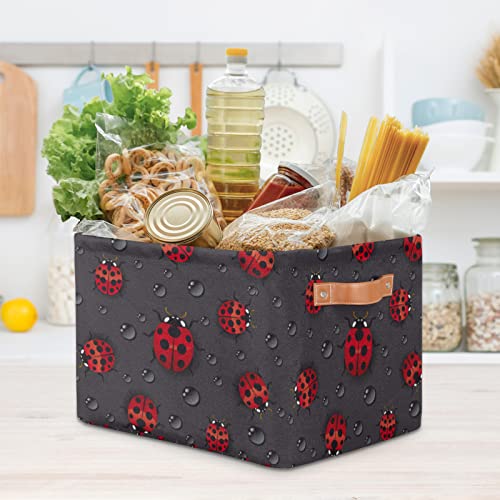 Cute Ladybug Storage Basket Storage Cube Bins Red Insect Canvas Collapsible Toy Basket Organizer Waterproof Laundry Box with Handle for Shelf Closet Office Bedroom, 1PCS