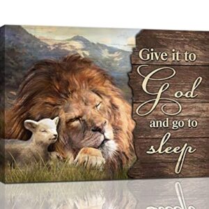 Bedroom Wall Decor Lion of Judah and Lamb Pictures Christian Gift Religious Canvas Wall Art Give it to God and Go to Sleep Sign Painting Prints Framed Artwork for Bathroom Living Room 12"x16"