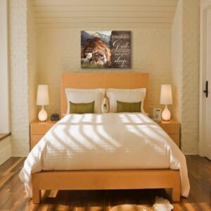 Bedroom Wall Decor Lion of Judah and Lamb Pictures Christian Gift Religious Canvas Wall Art Give it to God and Go to Sleep Sign Painting Prints Framed Artwork for Bathroom Living Room 12"x16"